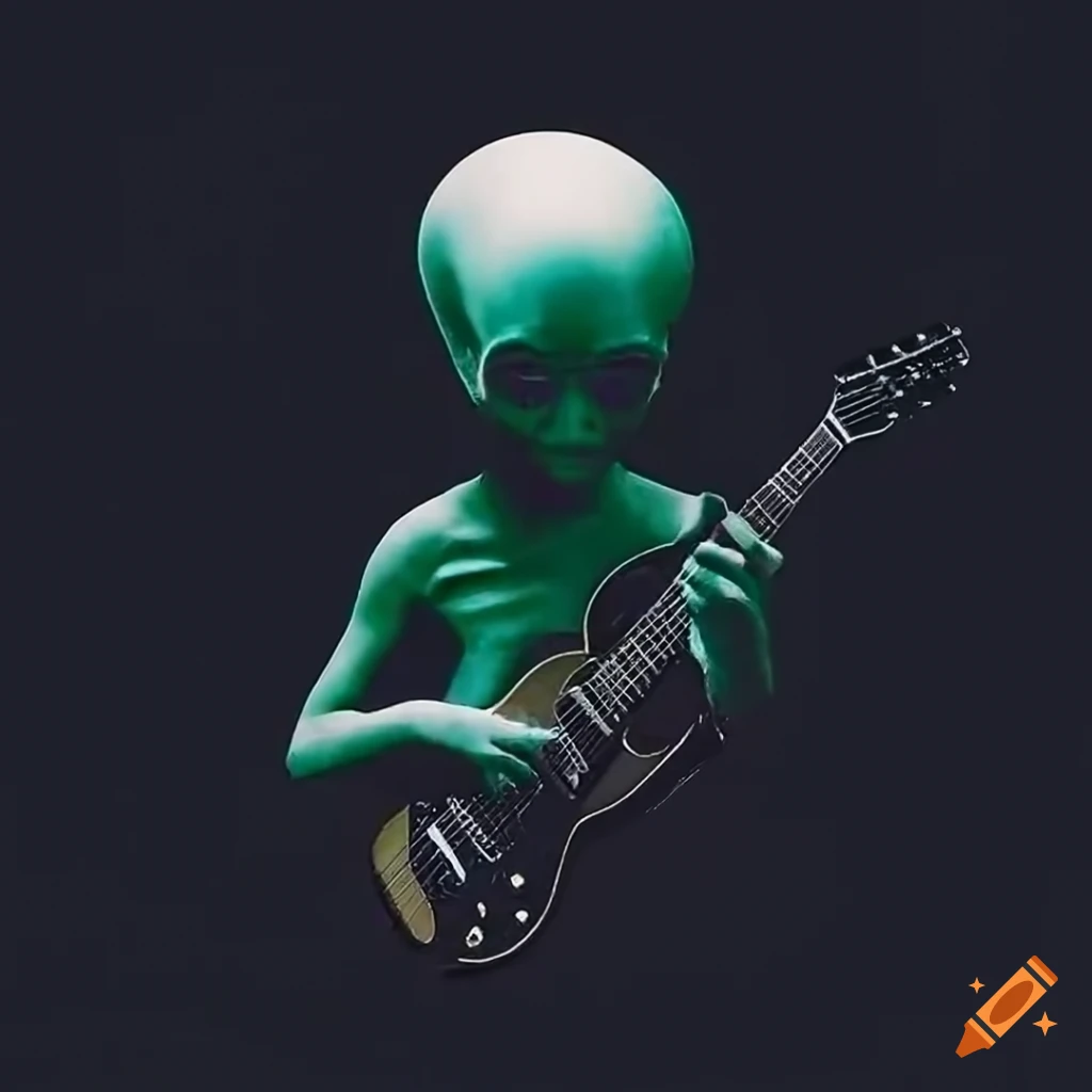 Dark and eerie album cover with an alien playing guitar on Craiyon