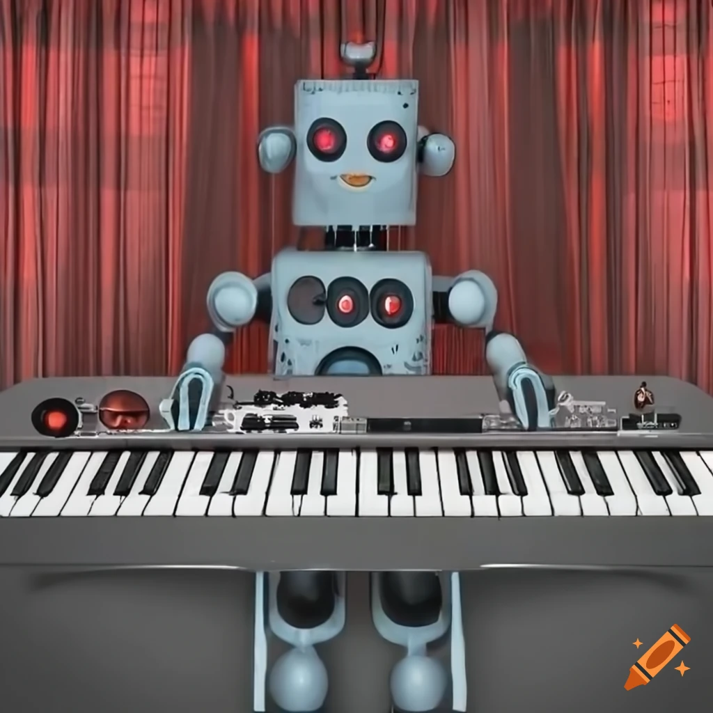 Robot next to illuminated synth with lettering on buttons on Craiyon