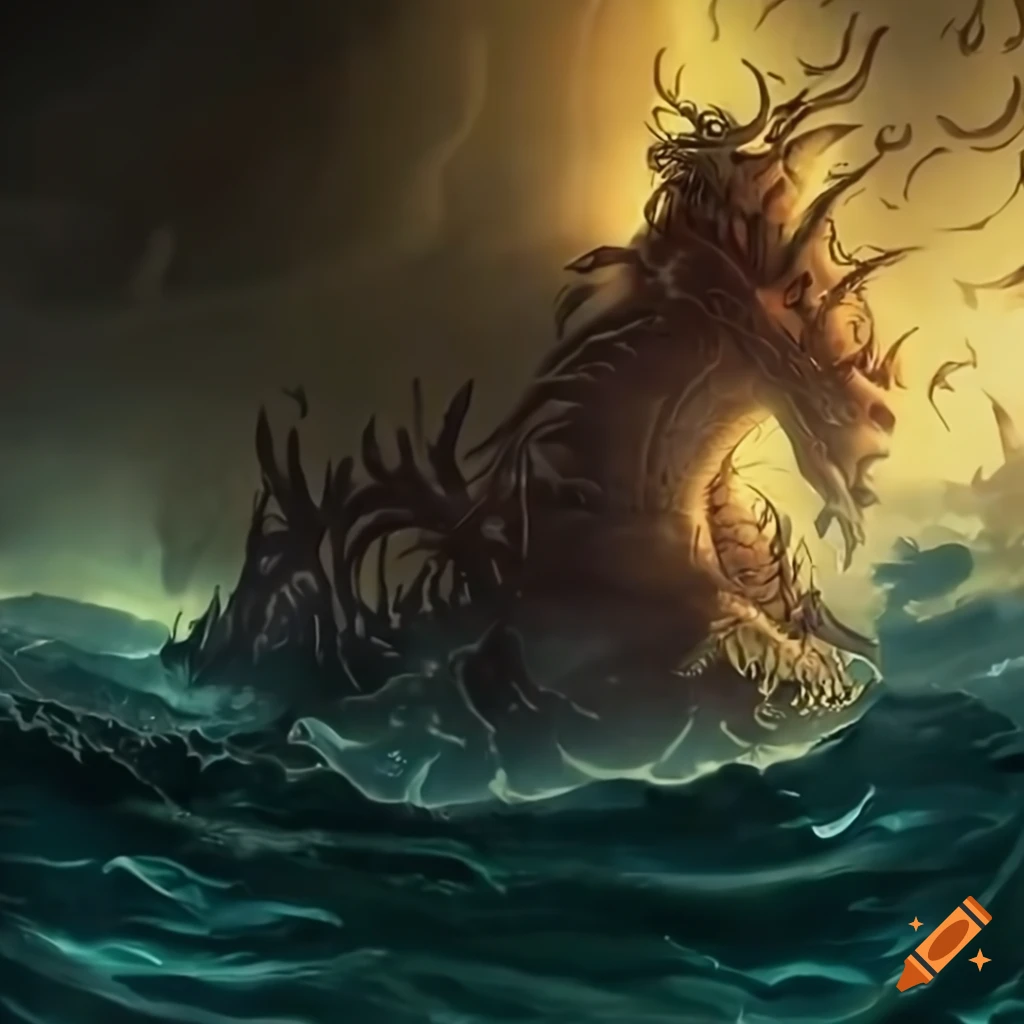 Fantastical illustration of a monster emerging from the sea on Craiyon