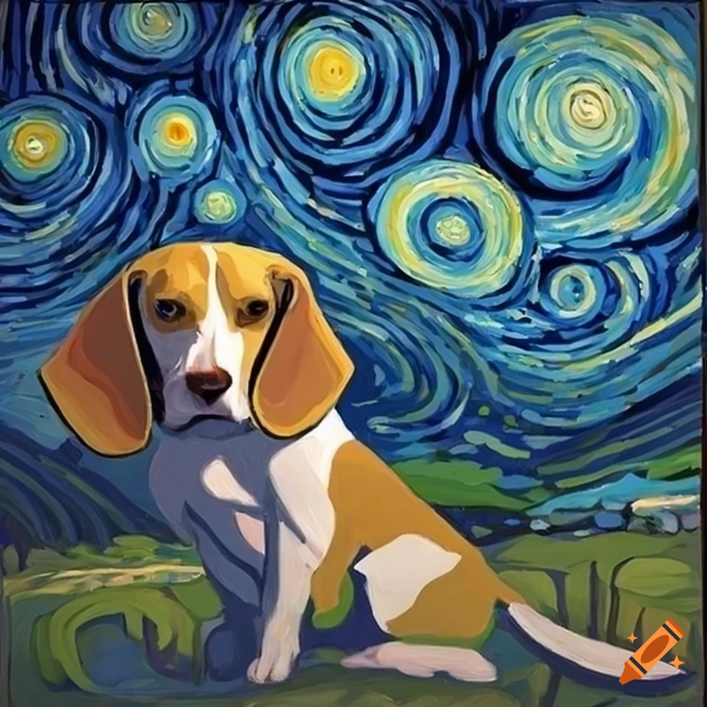 Detailed painting of a beagle puppy in starry night style on Craiyon