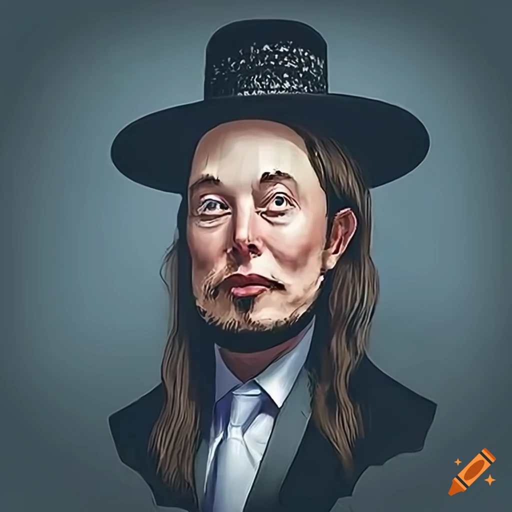 Satirical image of elon musk with a rabbi hat and a beard