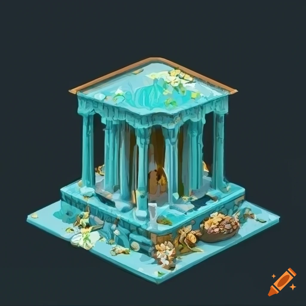 Isometric diorama of a Greek-inspired temple with gardens and fountains ...