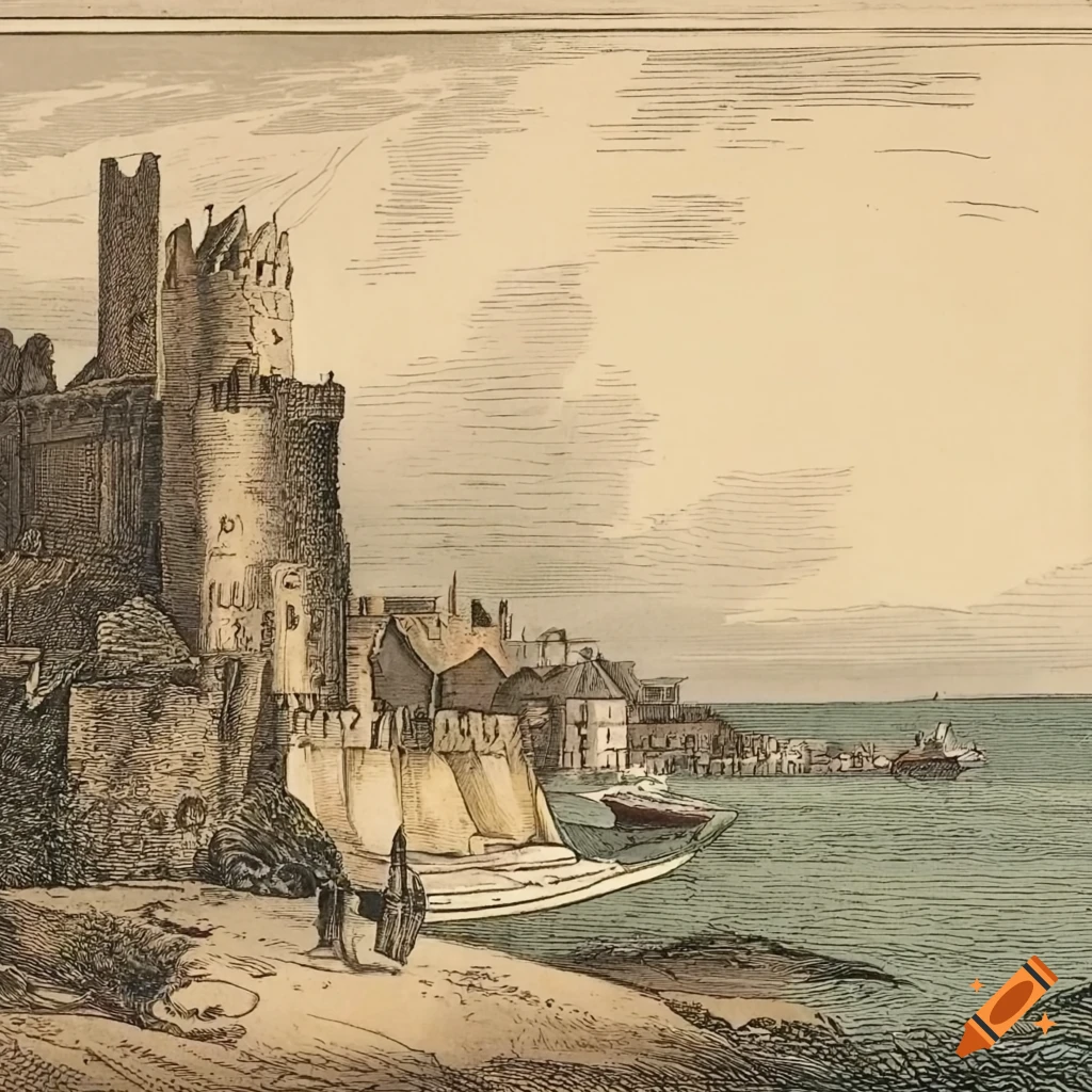 Copper etching of medieval hastings town harbour
