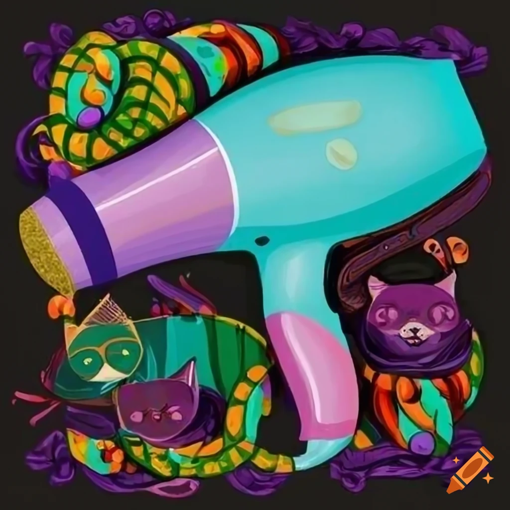 Cartoon illustration of a cat with a hair dryer on Craiyon