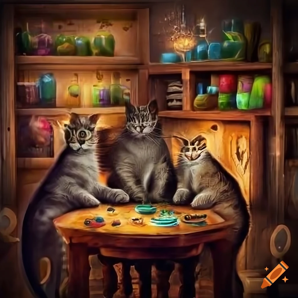 Realistic drawing of wizard cats surrounded by magical items on Craiyon
