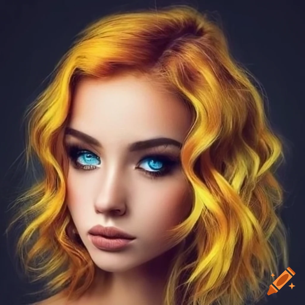 Portrait of a woman with blue eyes and yellow wavy hair on Craiyon