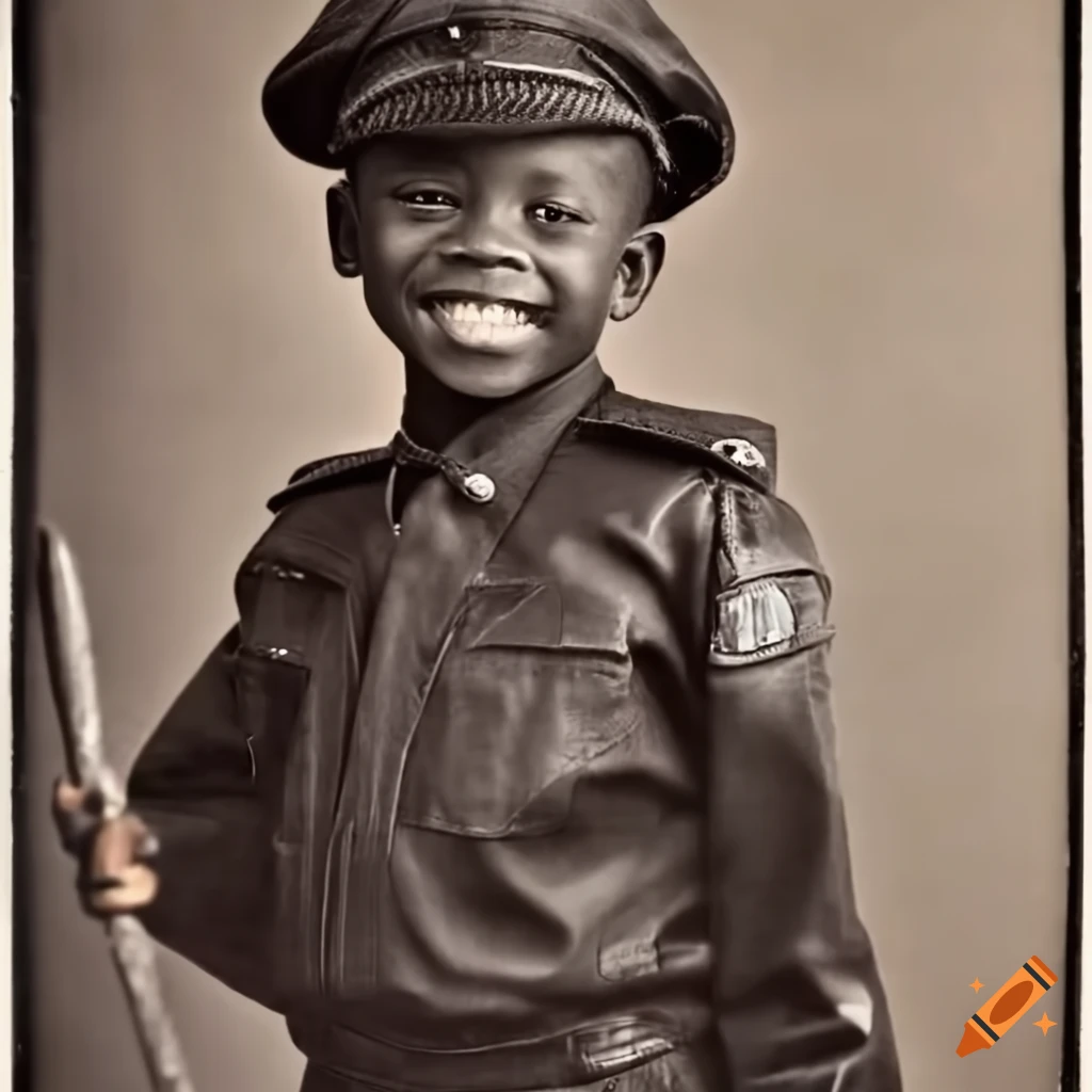 Vintage photo of a young boy in a security guard uniform on Craiyon