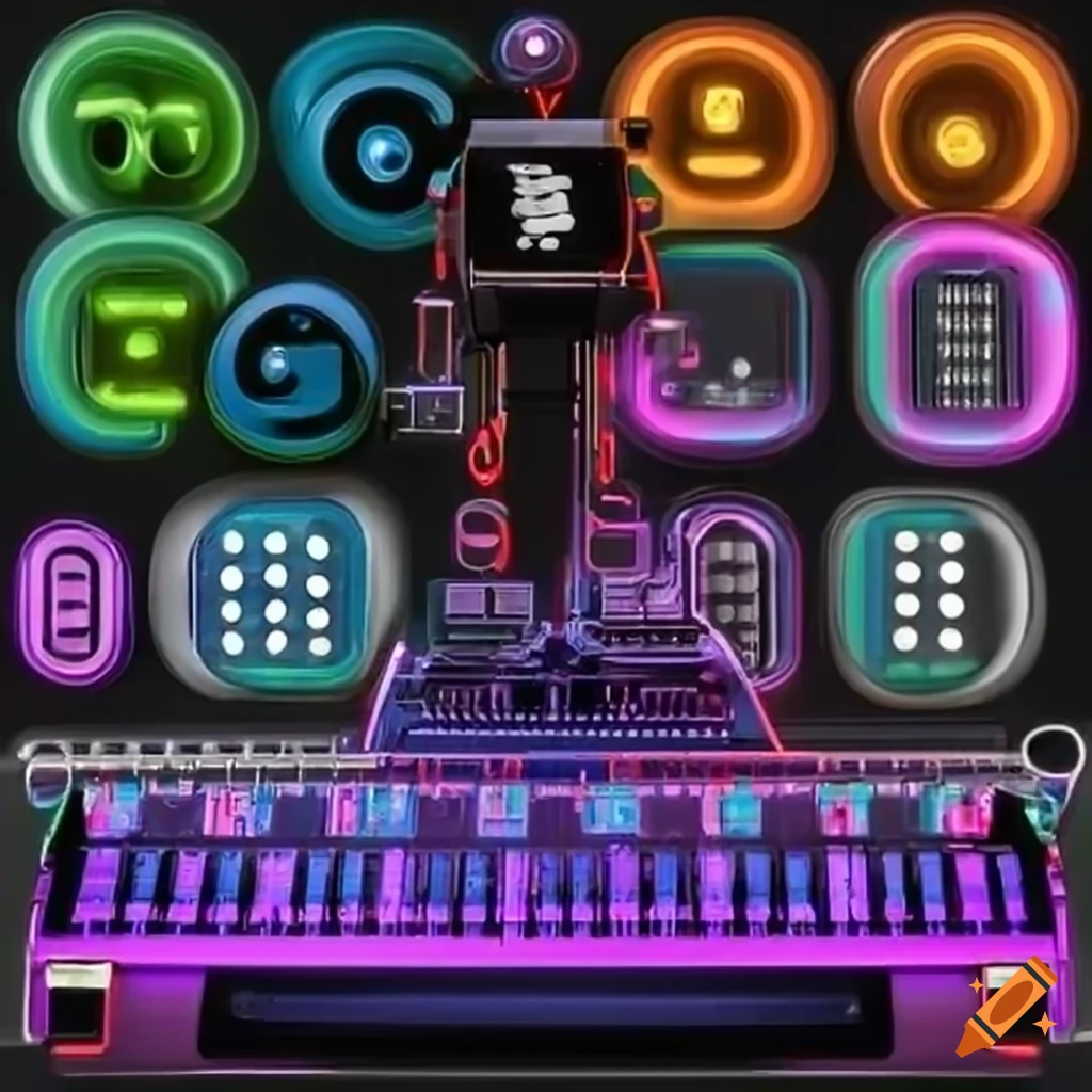 Futuristic robot and illuminated synth on Craiyon