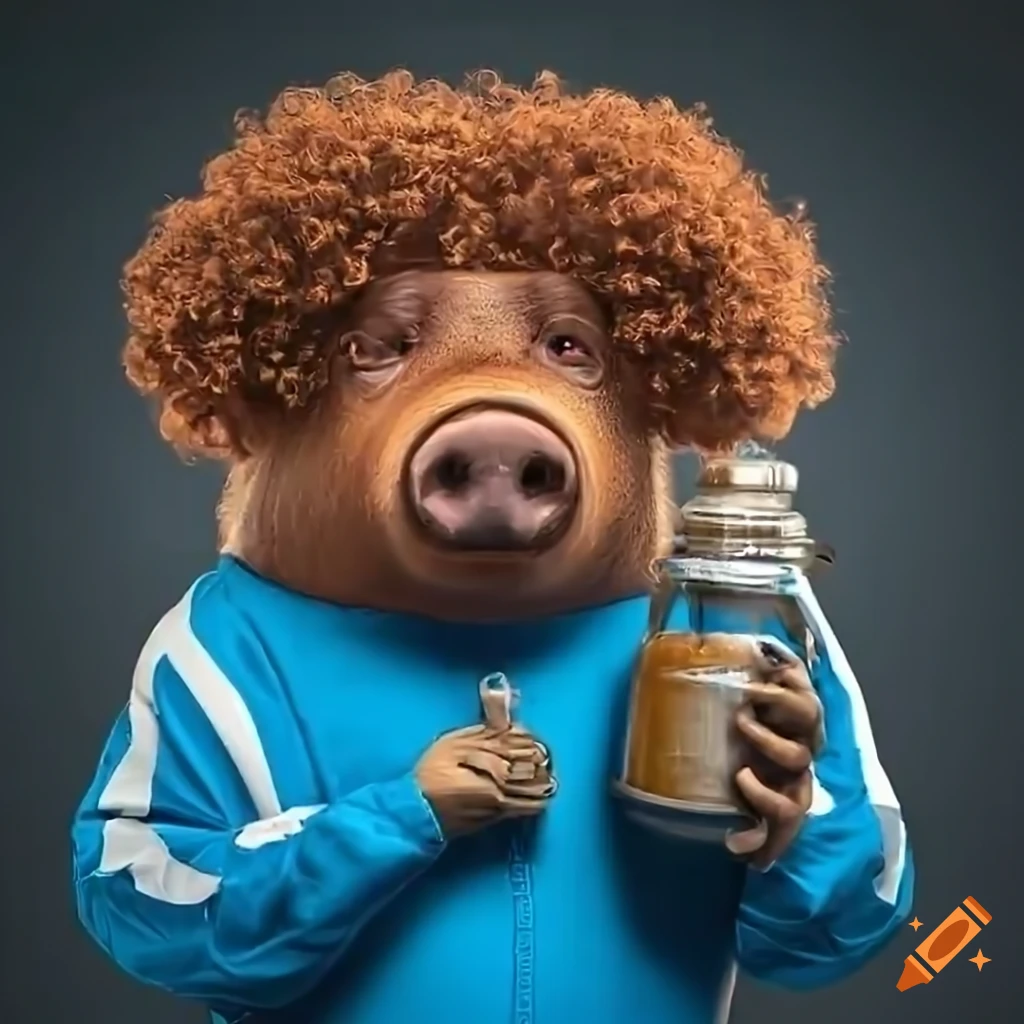 Humorous depiction of a pig with an Afro and track suit on Craiyon