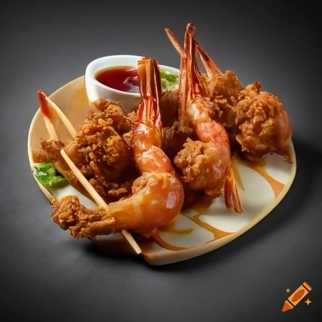 Plate of chicken lollipop, mutton, and prawn on Craiyon