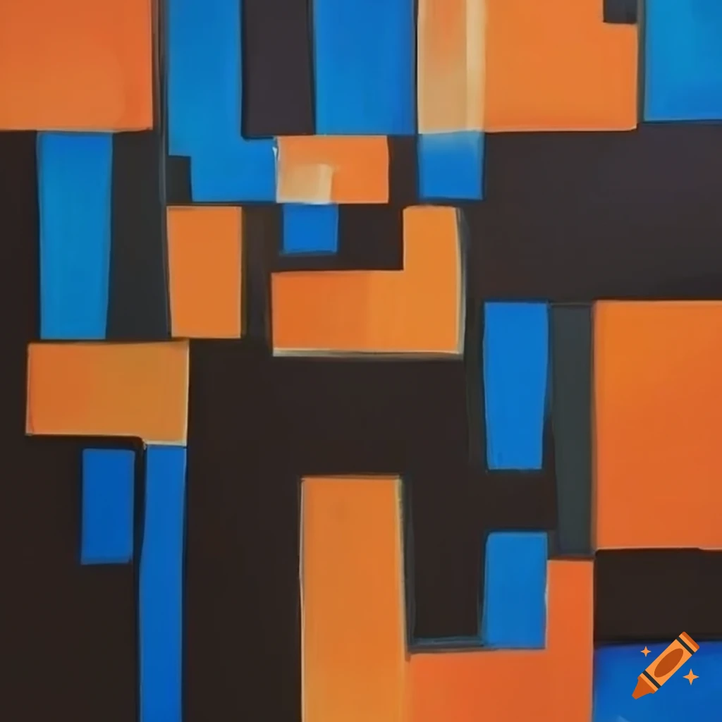 Abstract cubistic painting in black, orange, and blue on Craiyon