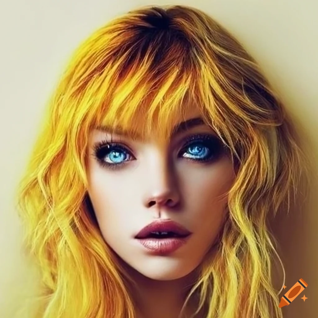 Portrait of a woman with blue eyes and yellow wavy hair on Craiyon