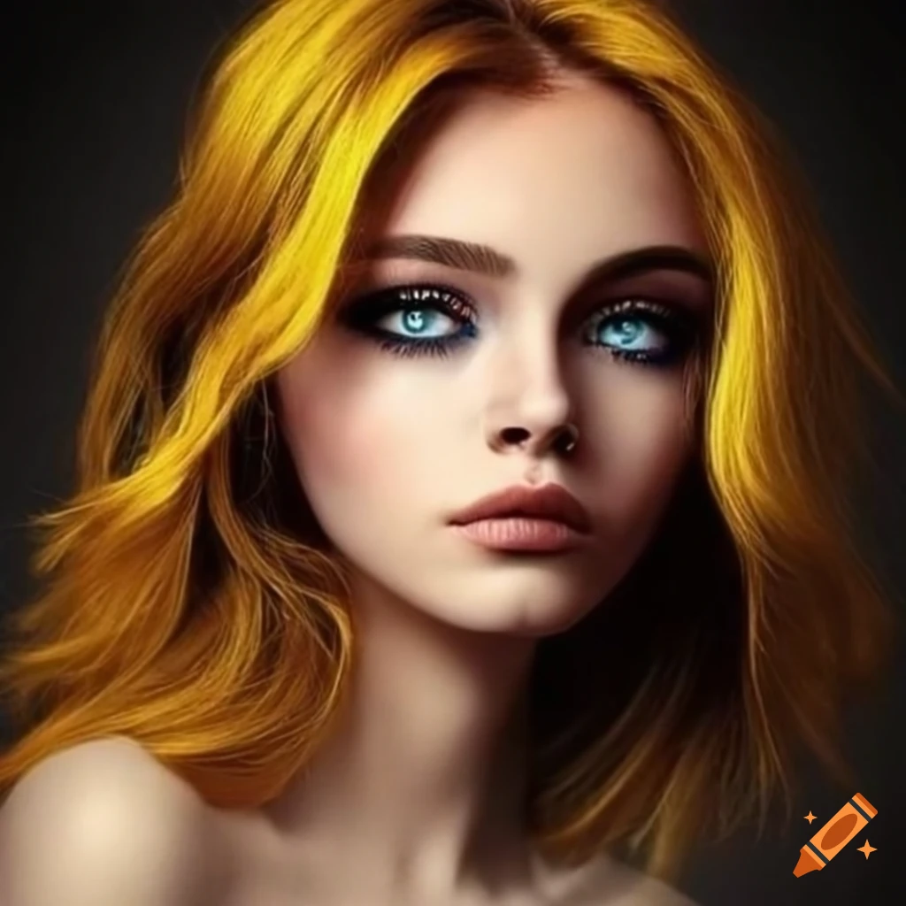 Close-up portrait of a woman with blue eyes and yellow hair