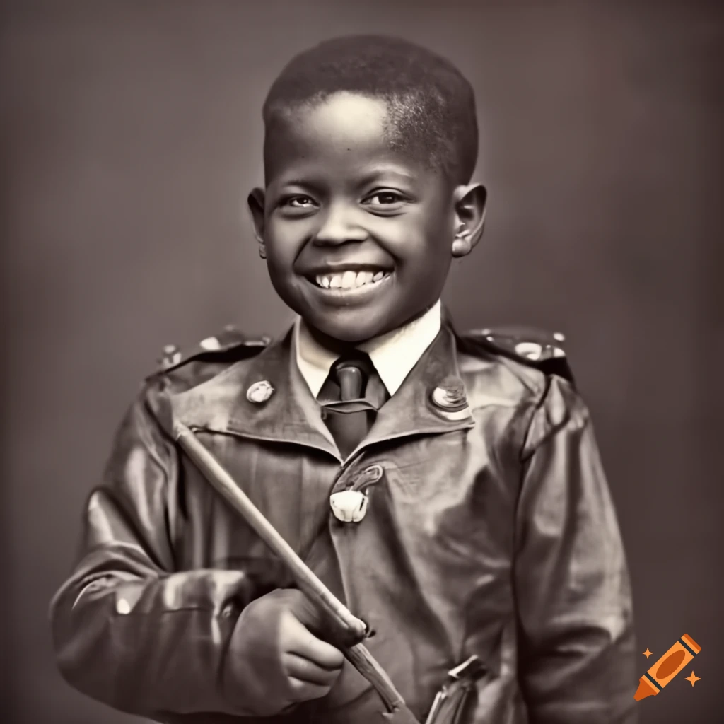 Vintage portrait of a young boy in a security guard uniform on Craiyon