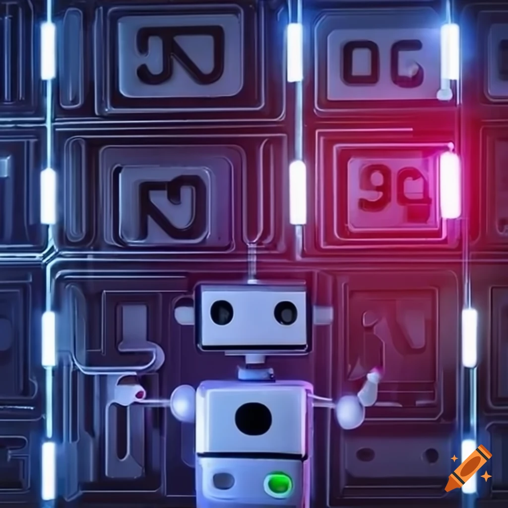 Futuristic robot next to illuminated machine with lettered buttons