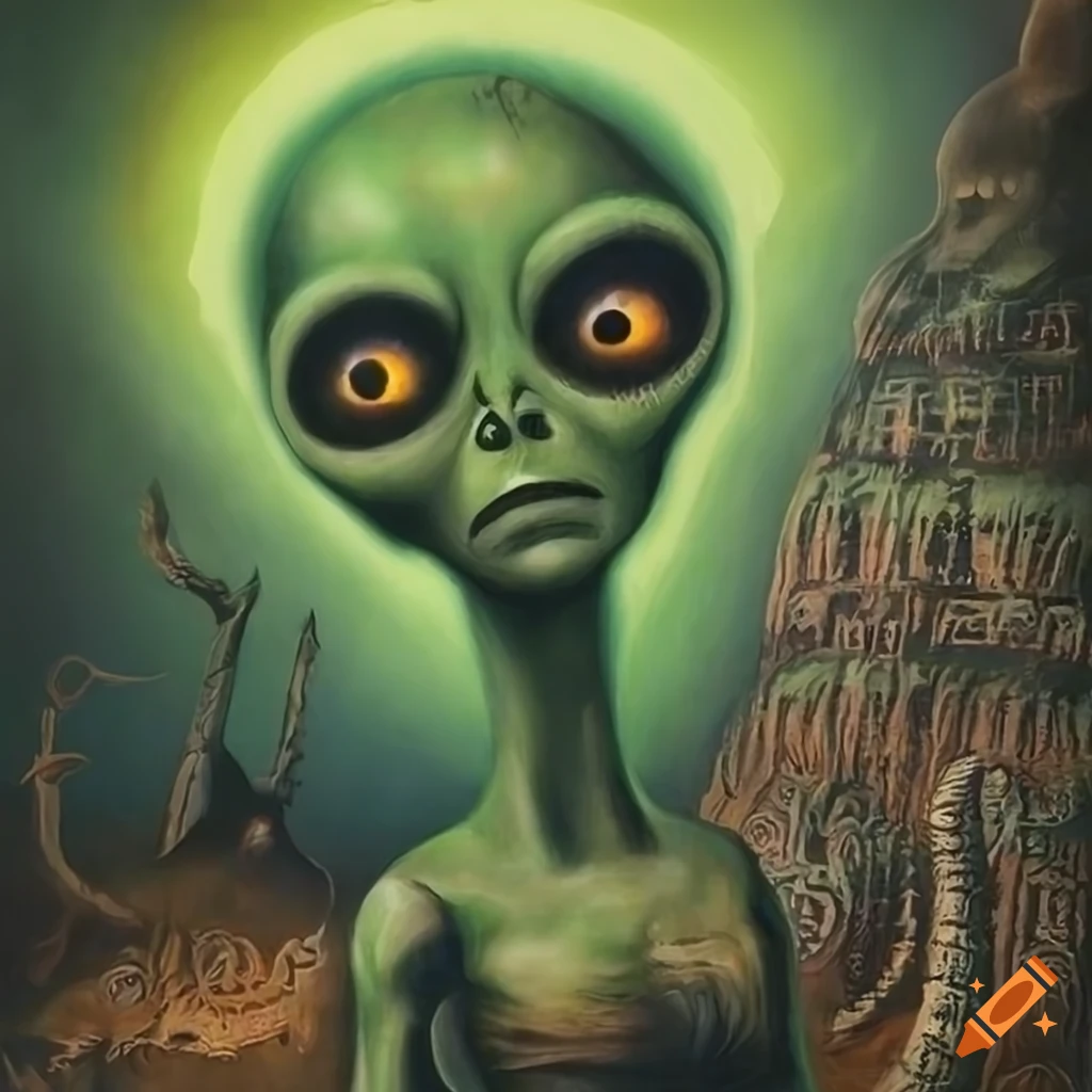 Surreal painting of a green alien in a haunting world on Craiyon