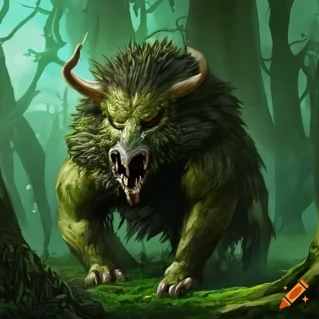 Illustration of a green boar beast in a magical forest on Craiyon