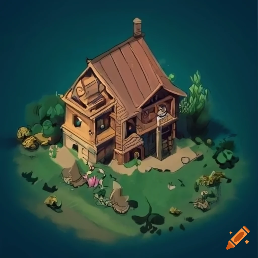 Isometric view of a house with a garden