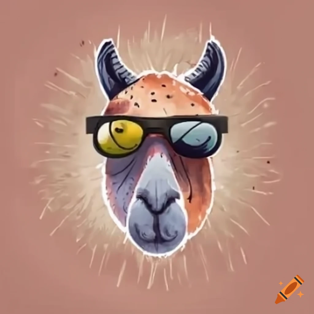 Dressed up cartoon guanaco spitting with sunglasses