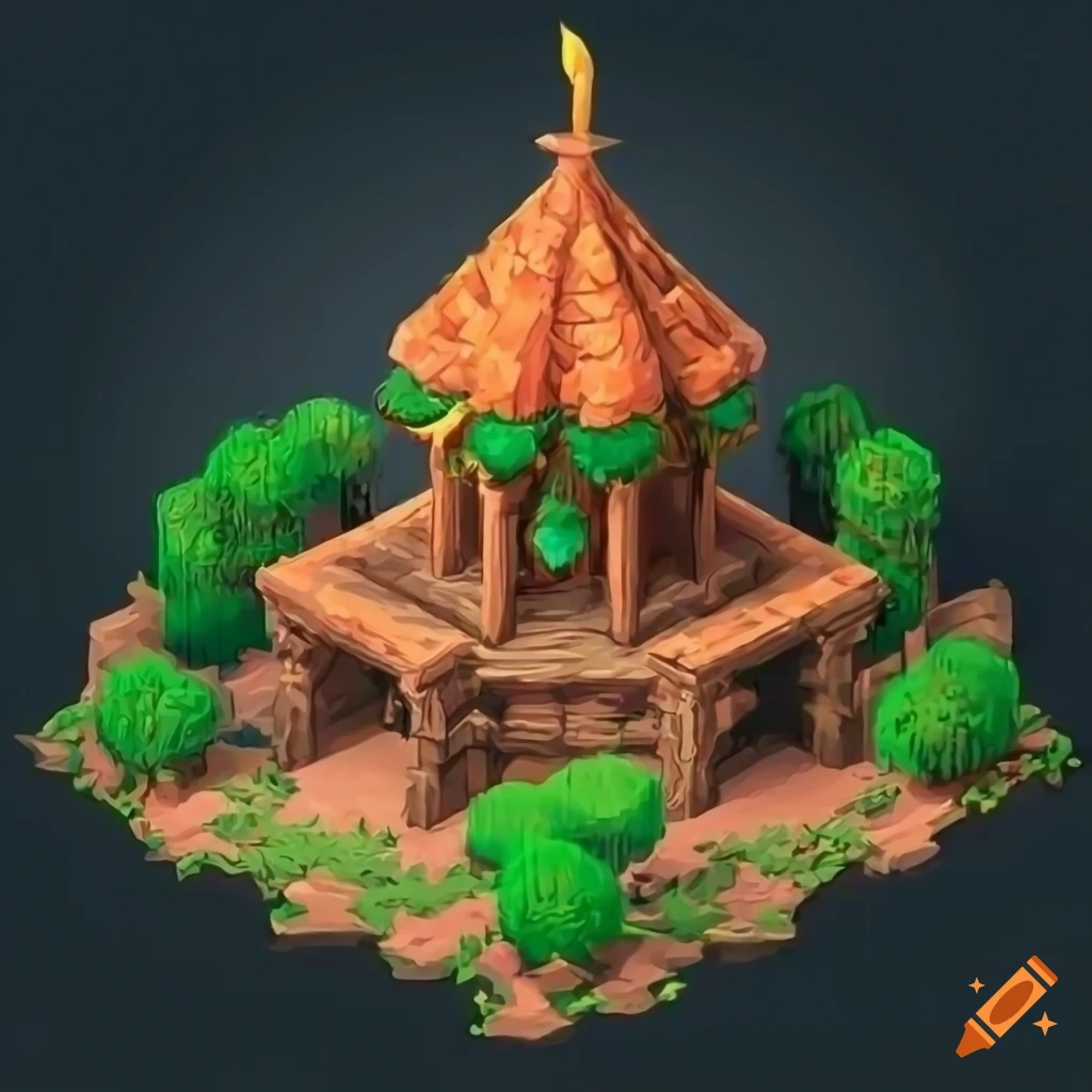 Isometric diorama of a forest temple on Craiyon
