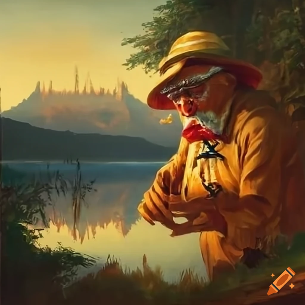 Painting of colonel sanders in a mountainous landscape with a lake on ...