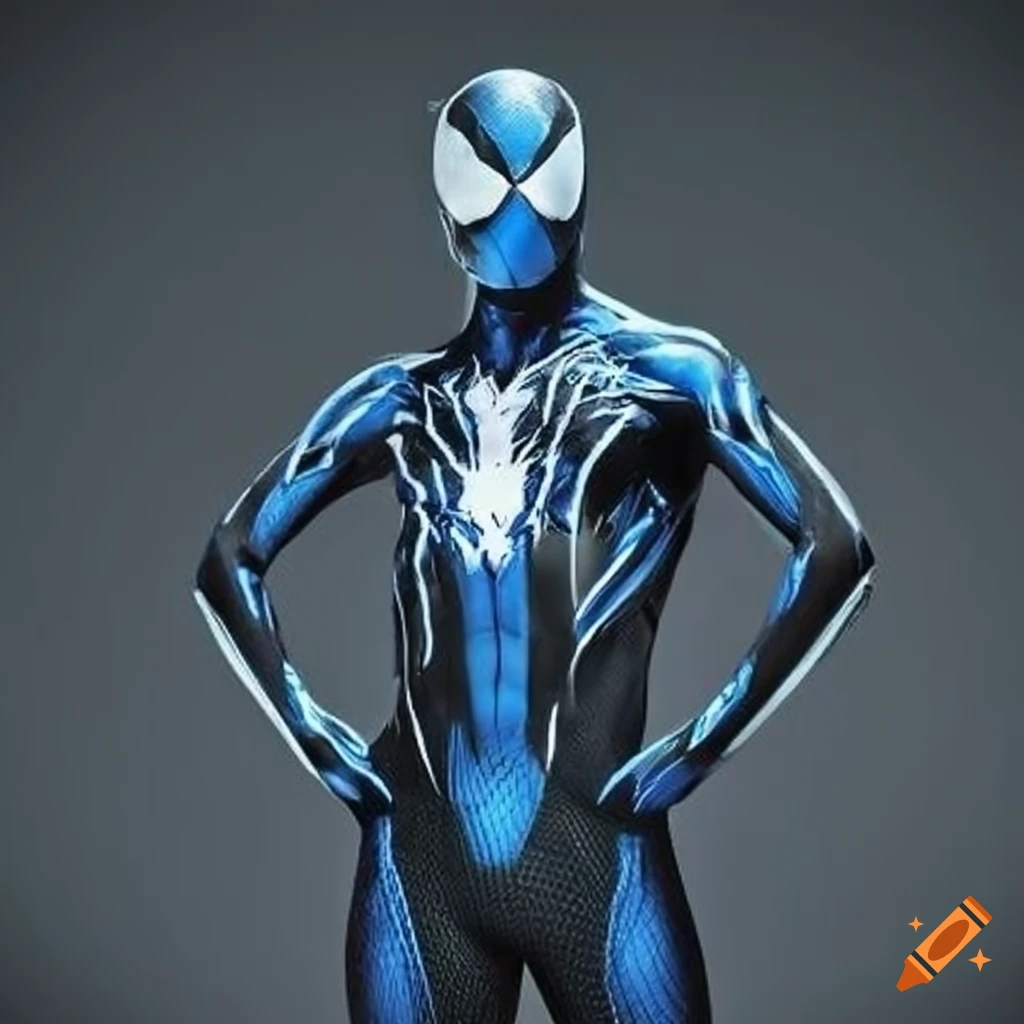 Black and blue symbiote suit with white spider emblem