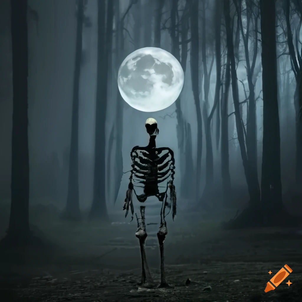 Skeleton in front of a dark forest with moon on Craiyon
