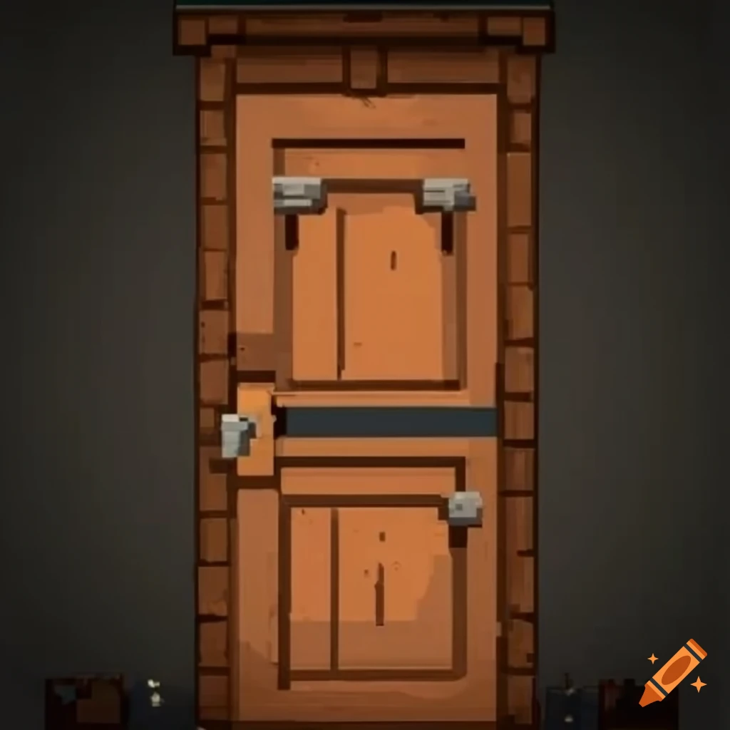 Pixel art of a wooden door in a video game on Craiyon