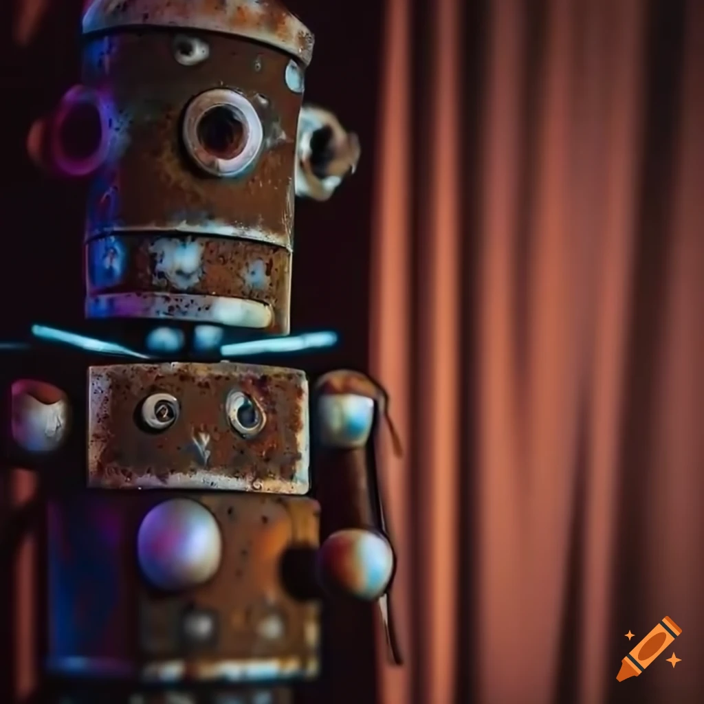 Close-up of a rusty robot's shiny keyboard on Craiyon