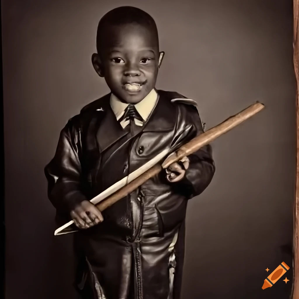 Vintage photo of a young boy in a security guard uniform on Craiyon