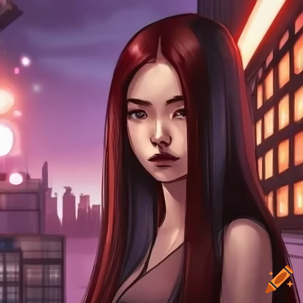 Asian female character in cityscape with lights on Craiyon