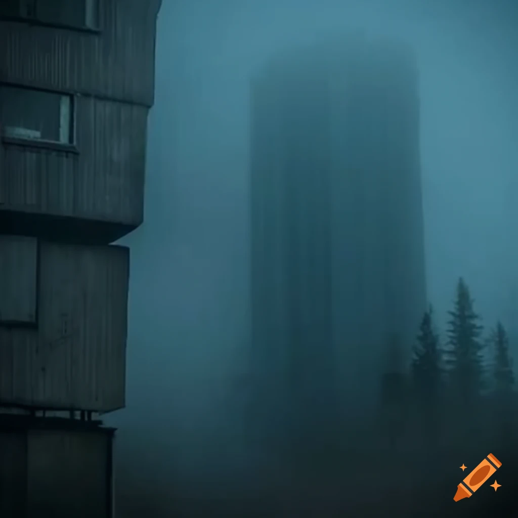 Impressive brutalist building covered in fog on Craiyon