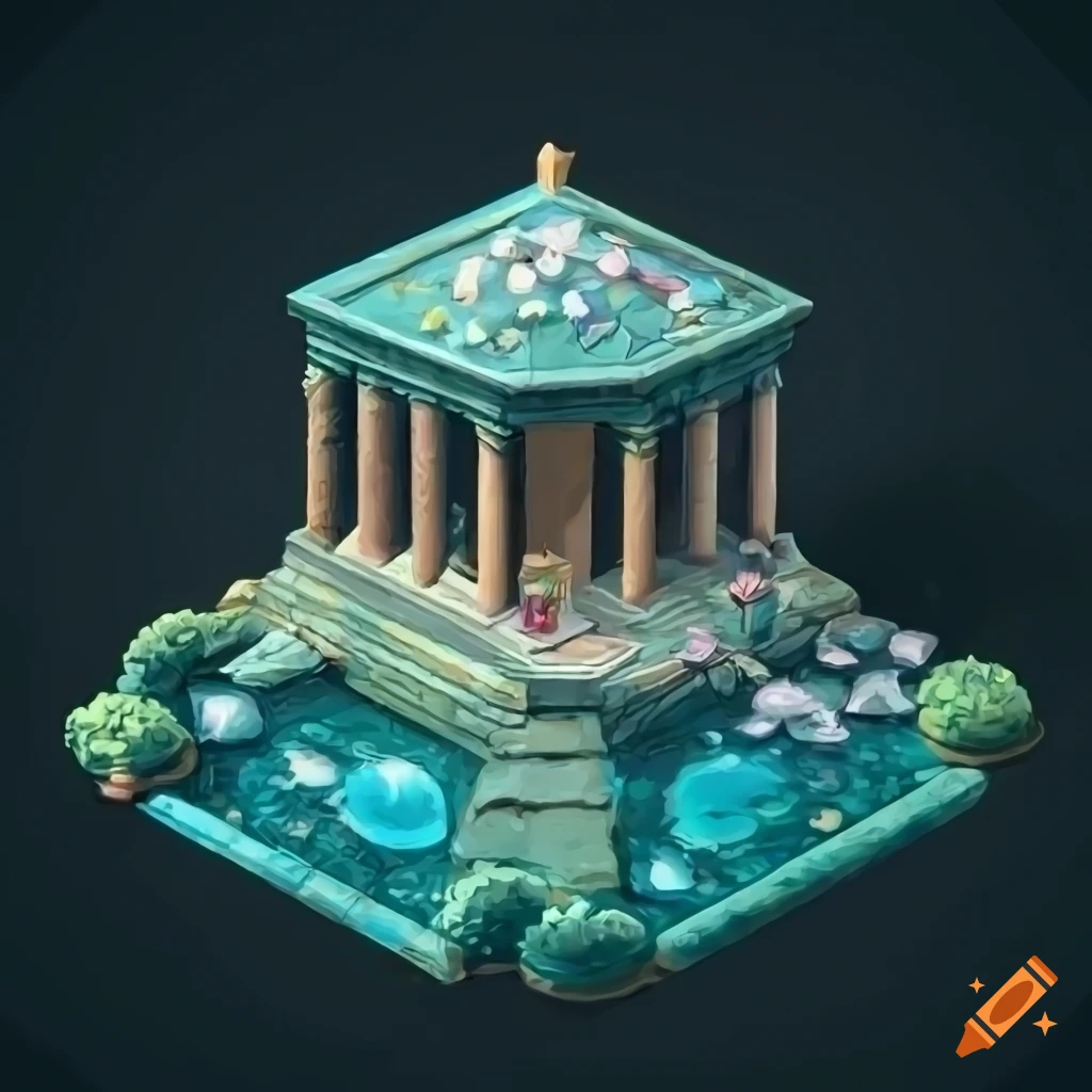 Greek-inspired temple diorama with gardens and water flora on Craiyon