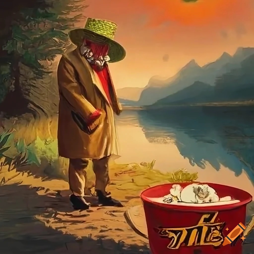 Painting of Colonel Sanders in a mountainous landscape with a lake on ...