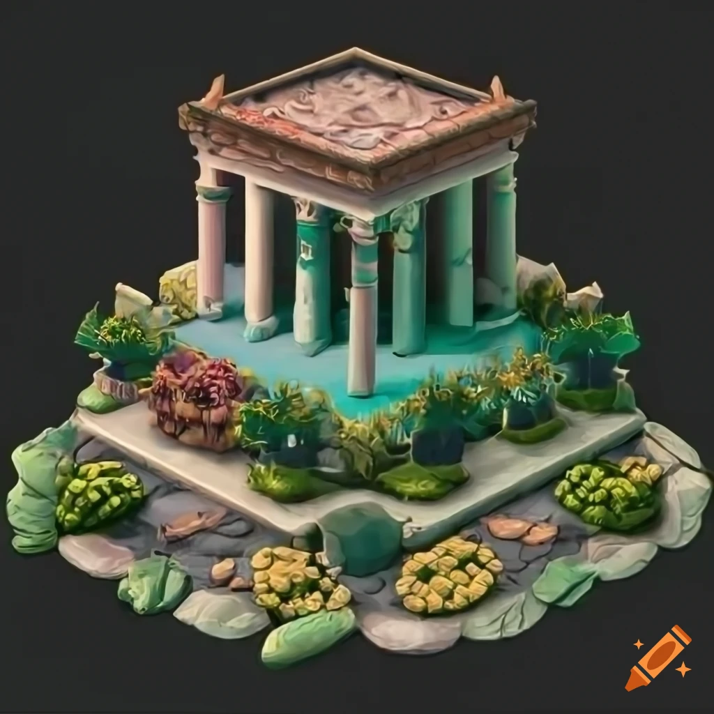 Detailed isometric diorama of a greek inspired temple with gardens