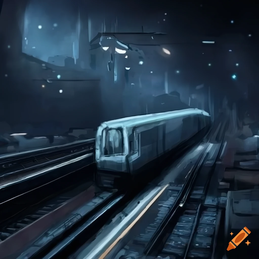 Concept art of a train station in space on Craiyon