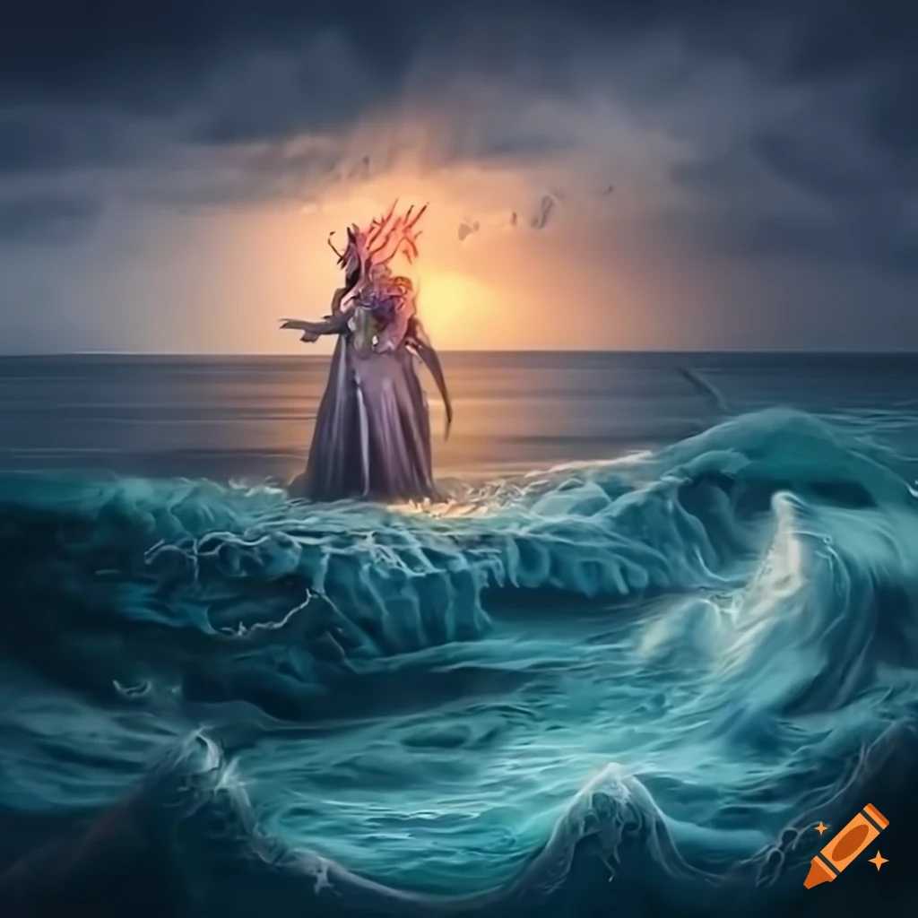 Detailed fairytale illustration of a monster emerging from the sea on ...