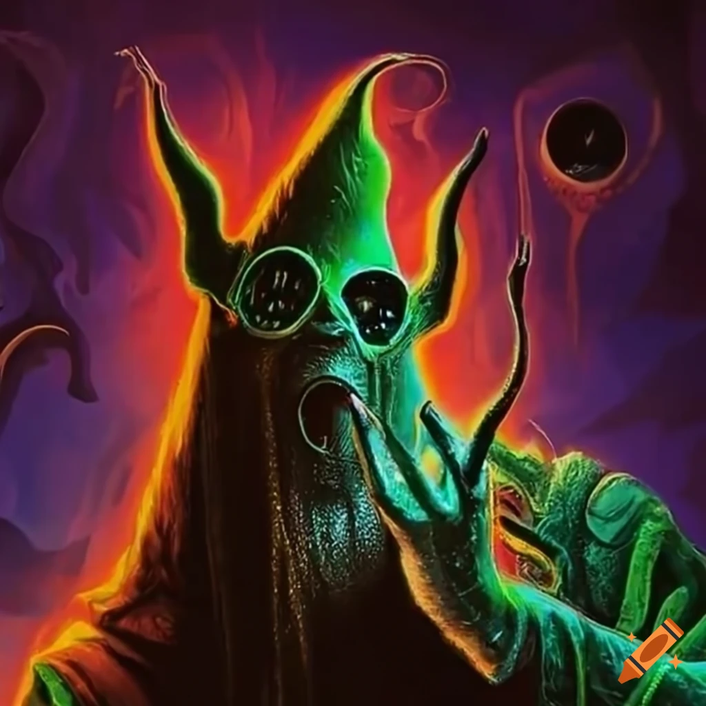 Illustration of an alien wizard listening to music on Craiyon