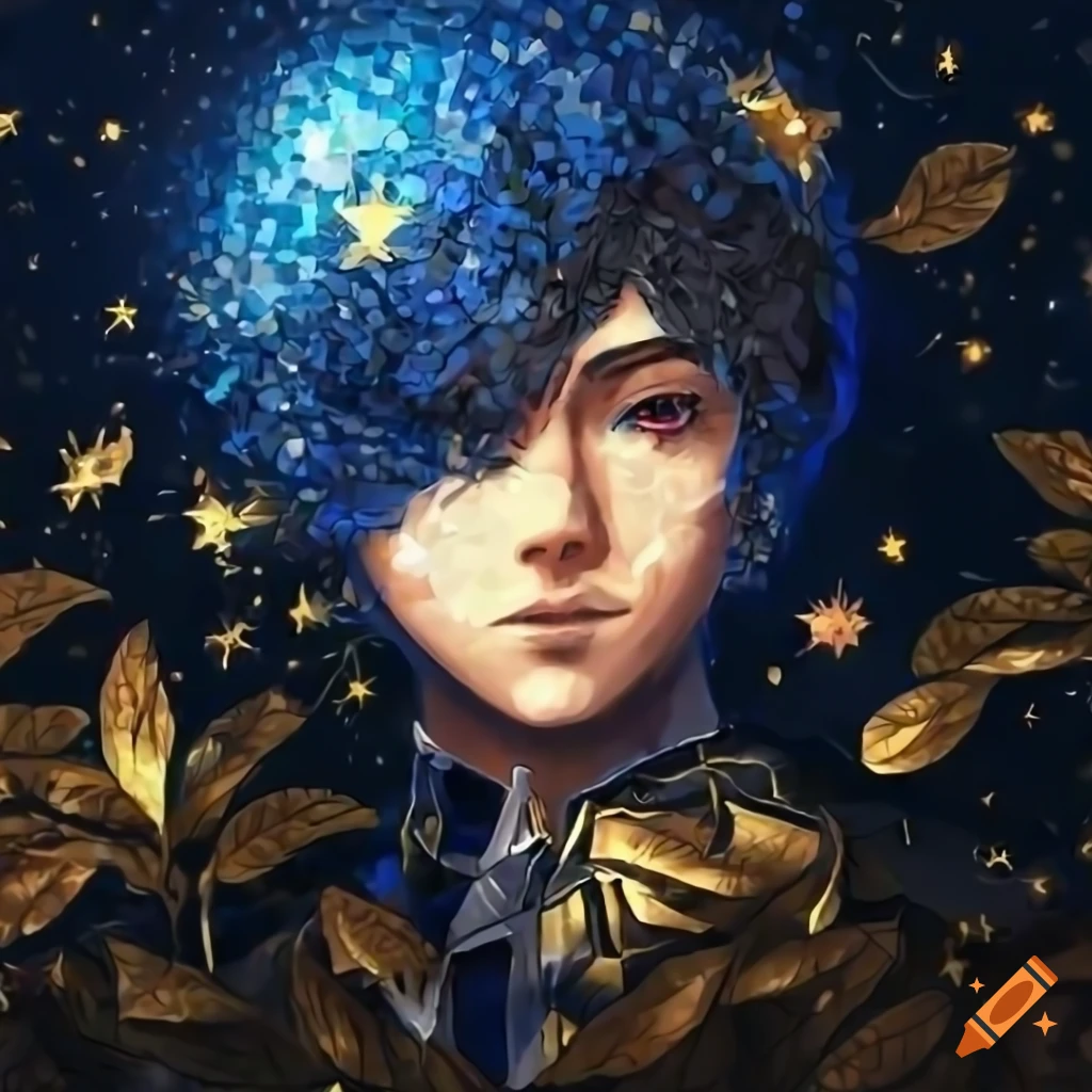 Mosaic of hero painting with gold leaves and celestial elements ...