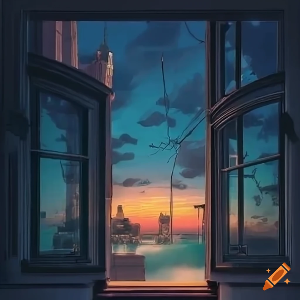 Studio Ghibli style cityscape seen through a window on Craiyon