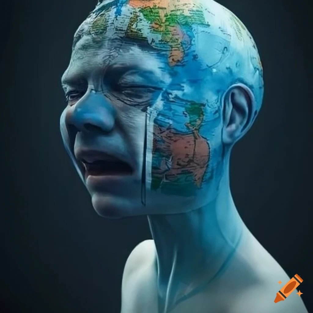 Artwork of a man with a globe head crying on Craiyon