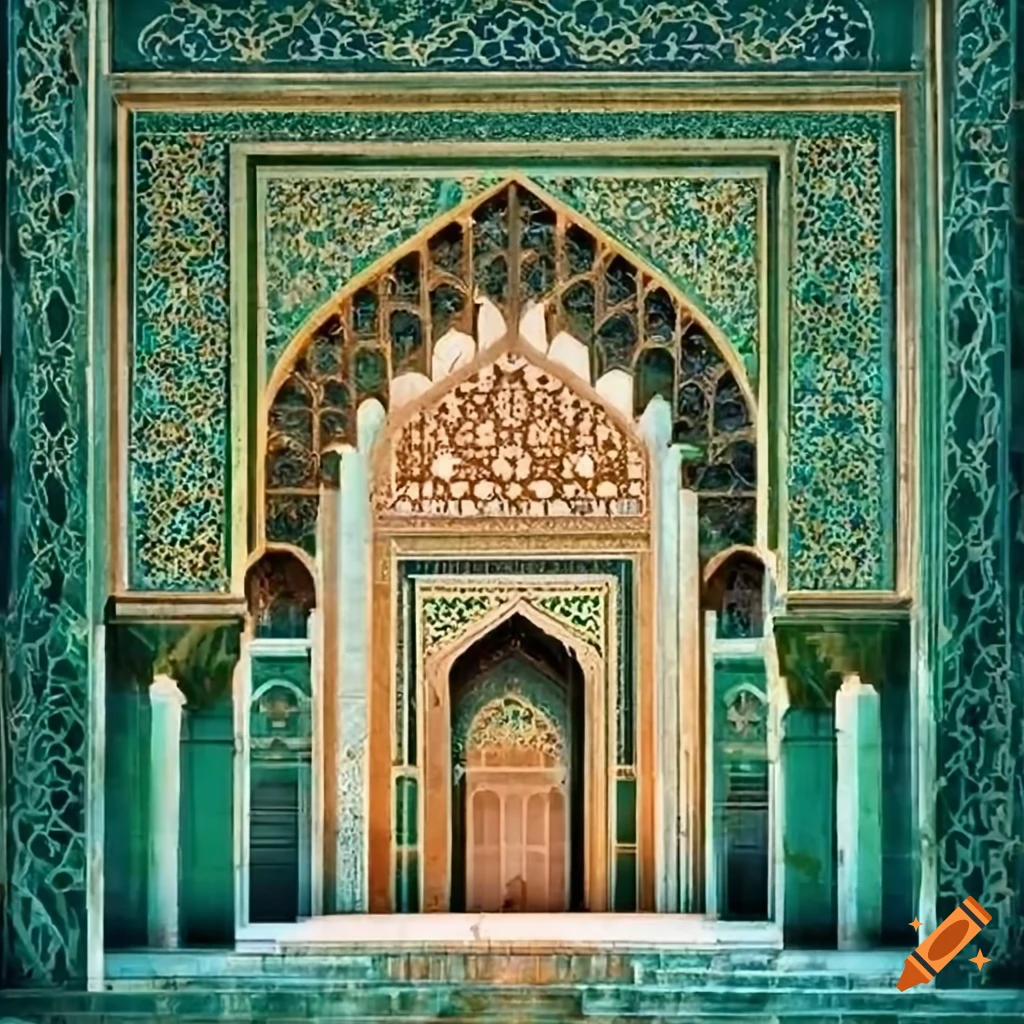 Abstract geometric architecture with green and gold accents on Craiyon