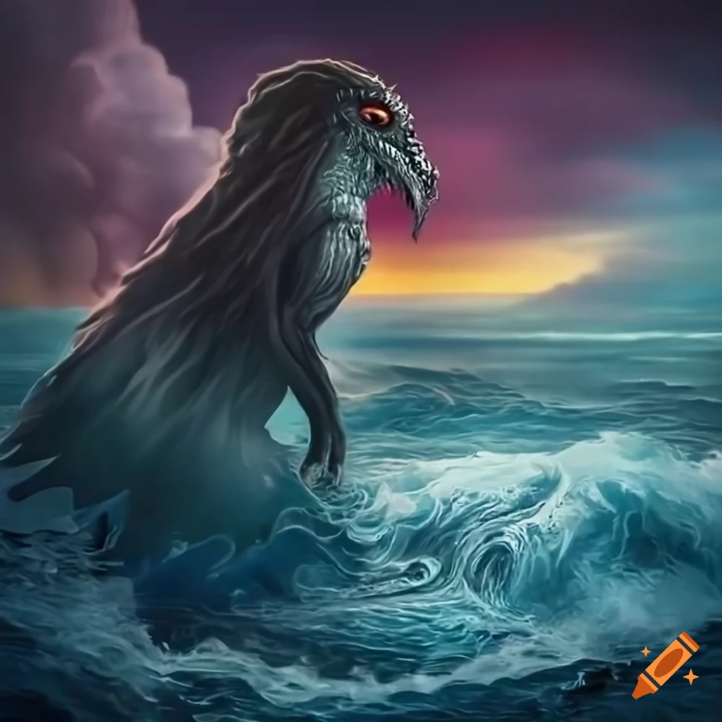 Detailed illustration of a monster emerging from the sea on Craiyon