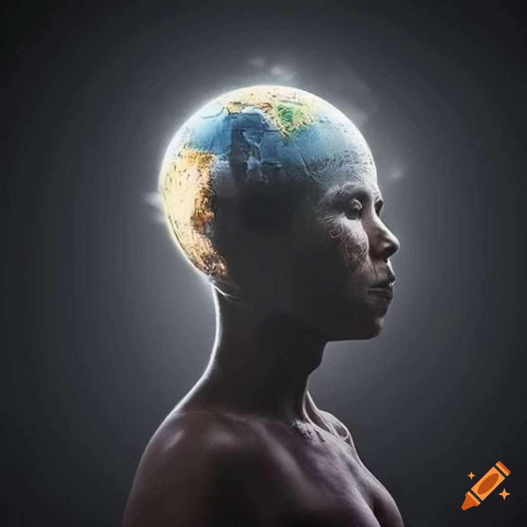 Surreal artwork of a person with an exploding globe head