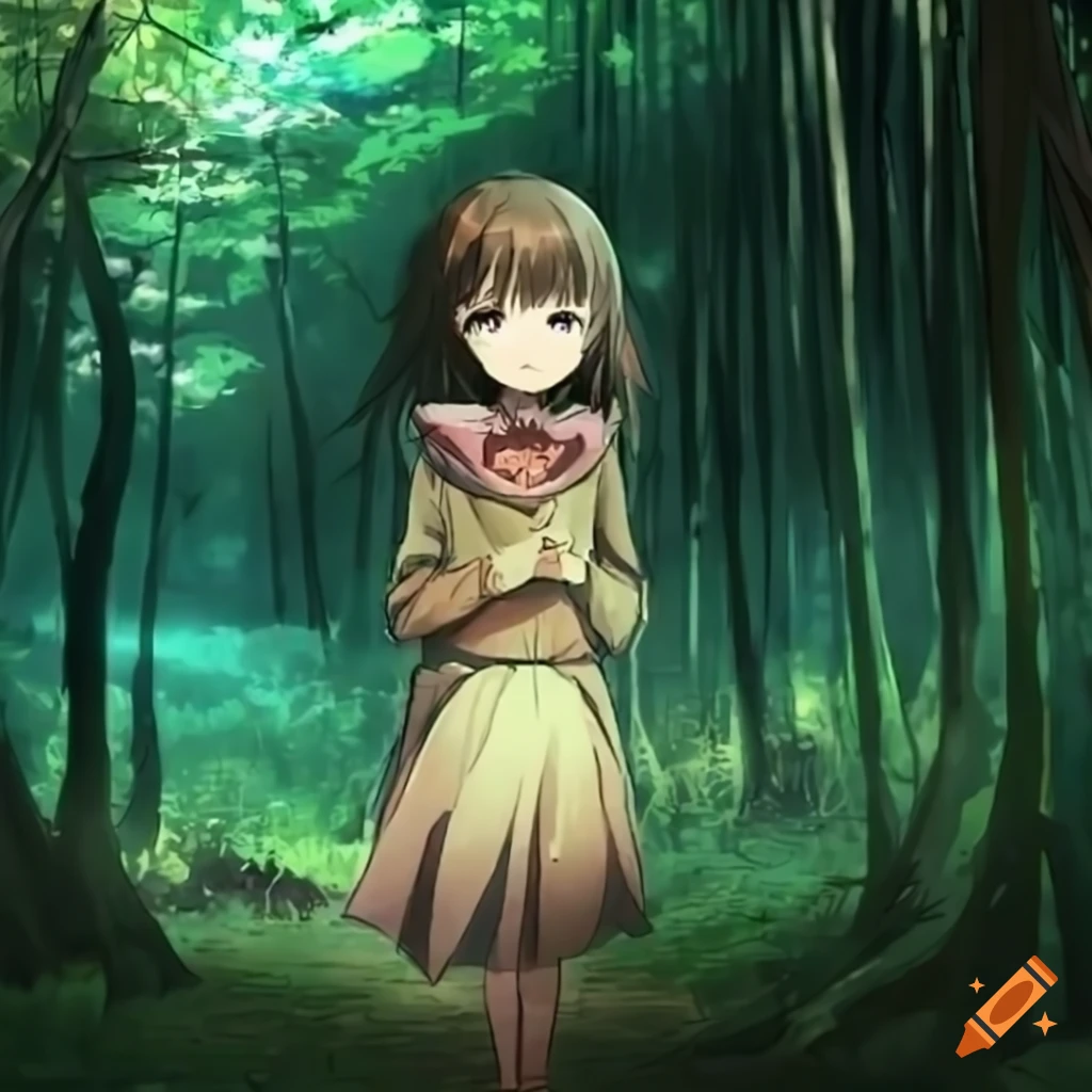 Anime artwork of a lost village girl in a forest
