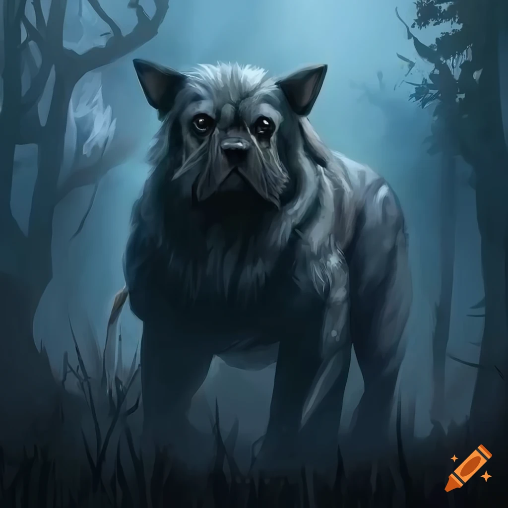 Detailed fantasy art of guard mastiffs in a gloomy forest on Craiyon