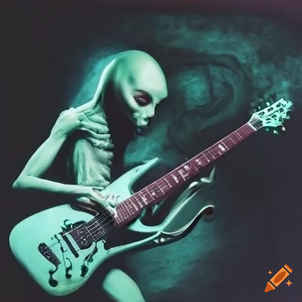Album cover of an alien playing an electric guitar on Craiyon