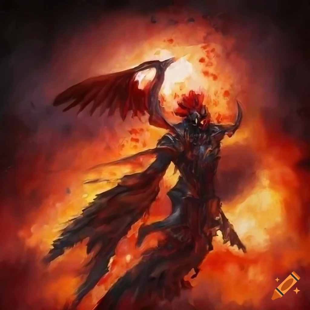 Fantasy oil painting of a ghost knight flying through a fiery sky on ...