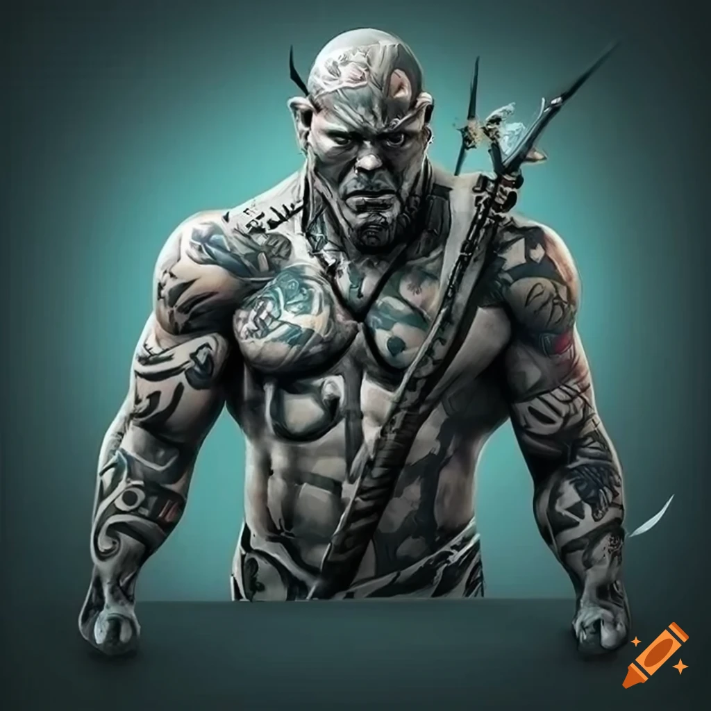 Canvas art of a heroic grey-skinned man with tribal tattoos holding a ...