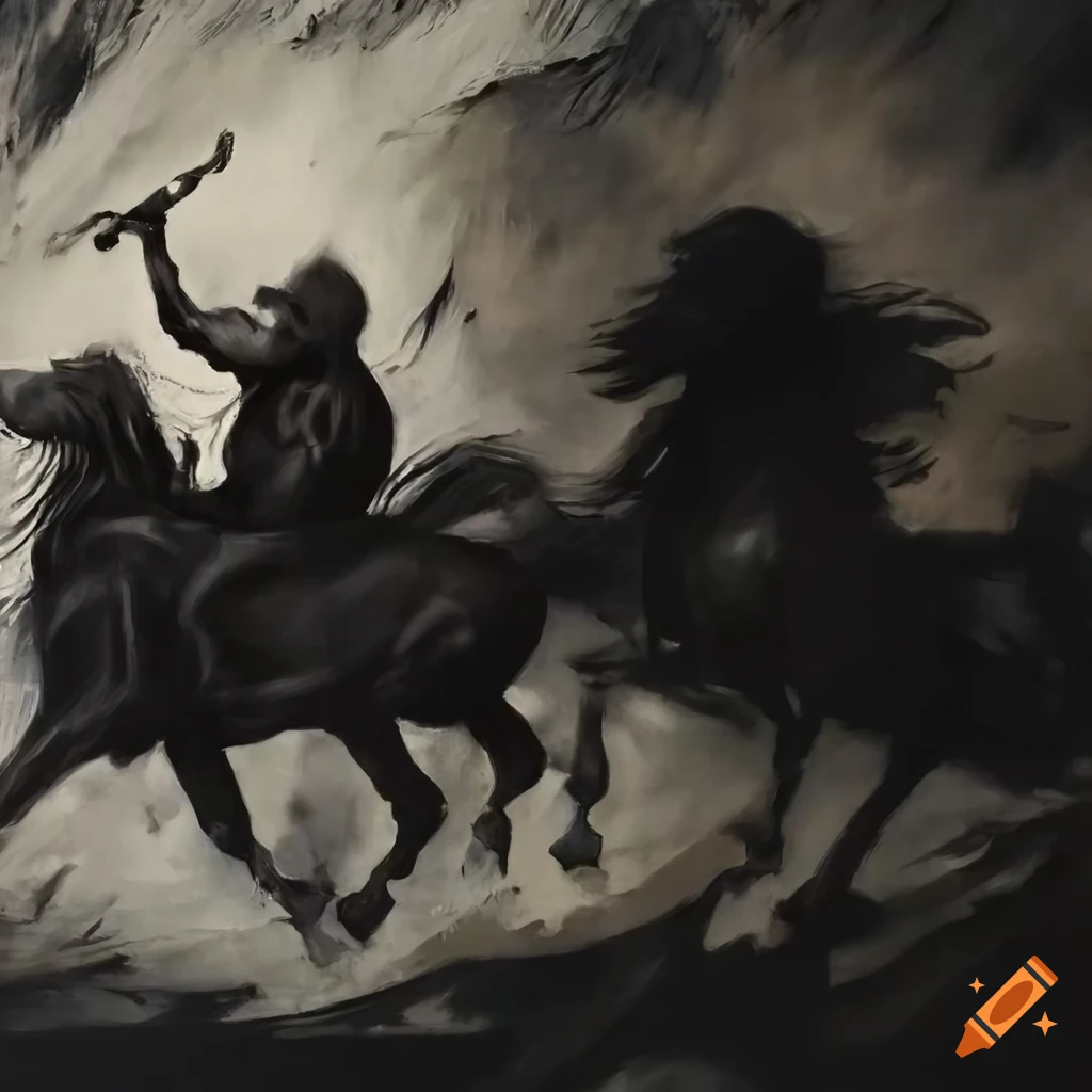 Black and white abstract painting of horsemen in battle on Craiyon